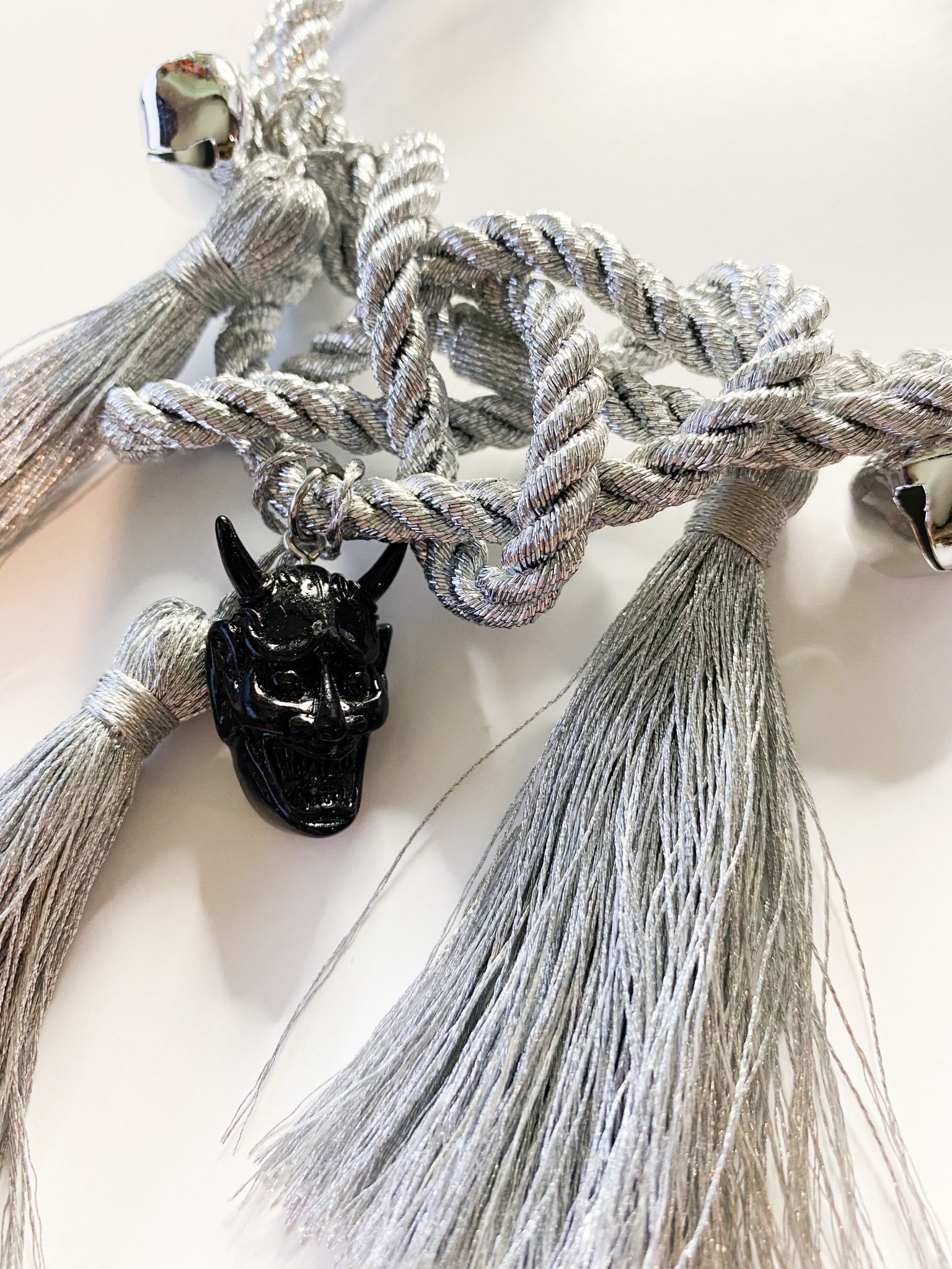 Oni Mask - Silver with Silver Tassels - VIP Rope Knot Charm - Good Luck ...